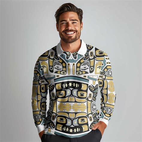 Canada Chilkat Pattern Long Sleeve Polo Shirt Haida Spirit Wonder