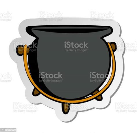 벡터 일러스트 흰색 배경에 고립 된 평면 만화 스타일의 황금 손잡이가있는 검은 냄비스티커 2차 도형에 대한 스톡 벡터 아트 및 기타 이미지 2차 도형 가마솥 검은색