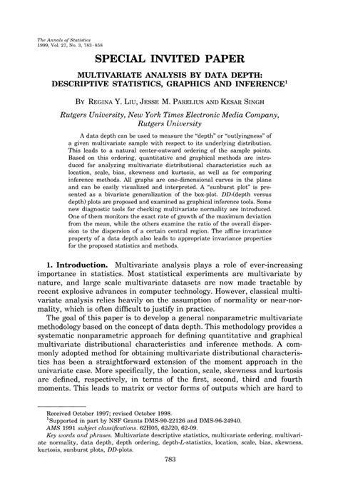 Pdf Multivariate Analysis By Data Depth Descriptive Statistics Graphics And Inference