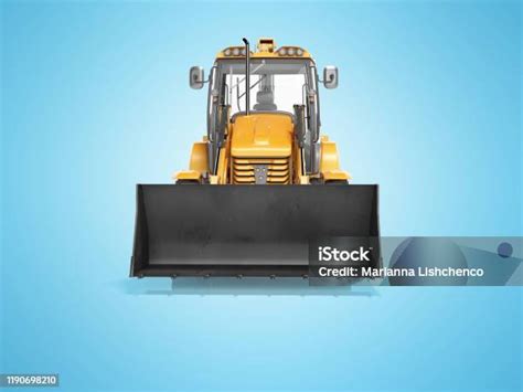 그림자가 있는 파란색 배경에 개념 굴삭기 로더 휠 전면 뷰 3d 렌더링 0명에 대한 스톡 사진 및 기타 이미지 0명 나무 날 Istock