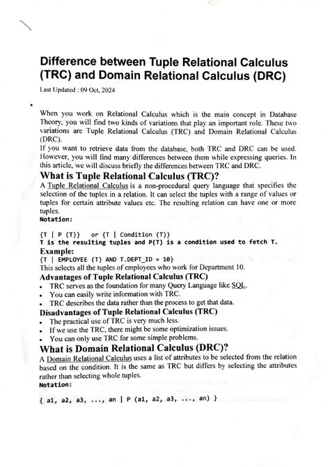 Dbms Dbms Difference Between Tuple Relational Calculus Trc And