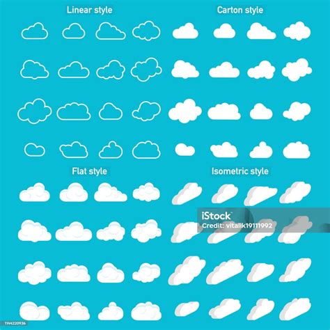 4 스타일에서 유행에 구름 아이콘의 집합입니다 평면 및 판지 및 아이소메트릭 선형 스타일의 구름 고립 된 배경에 구름 벡터 구름에 대한 스톡 벡터 아트 및 기타 이미지