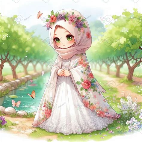 بک گراند کودکانه دختر ناز با حجاب ایستاده در باغ بهاری کد 42717ویژه