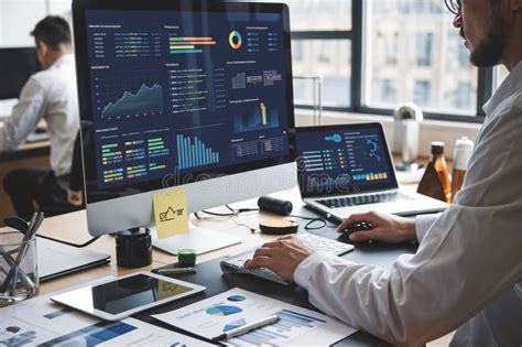 Futuristic Data Analytics Visualization With Interactive Dashboard And Charts On Laptop Stock