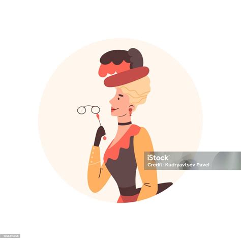 19세기 패션 드레스를 입고 안경을 쓴 깃털 모자를 쓴 빅토리아 시대 여성 만화 벡터 일러스트레이션 19세기에 대한 스톡 벡터 아트 및 기타 이미지 Istock