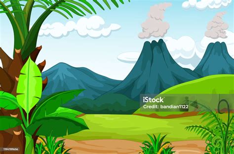 วิวภูมิทัศน์พร้อมเนินหญ้า ต้นไม้ และการ์ตูนภูเขา ภาพประกอบสต็อก ดาวน์โหลดรูปภาพตอนนี้