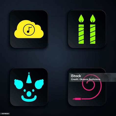 생일 파티 경적 음악 스트리밍 서비스 광대 머리 및 생일 케이크 촛불을 설정하십시오 검은색 사각형 버튼입니다 벡터 가공의 인물에 대한 스톡 벡터 아트 및 기타 이미지