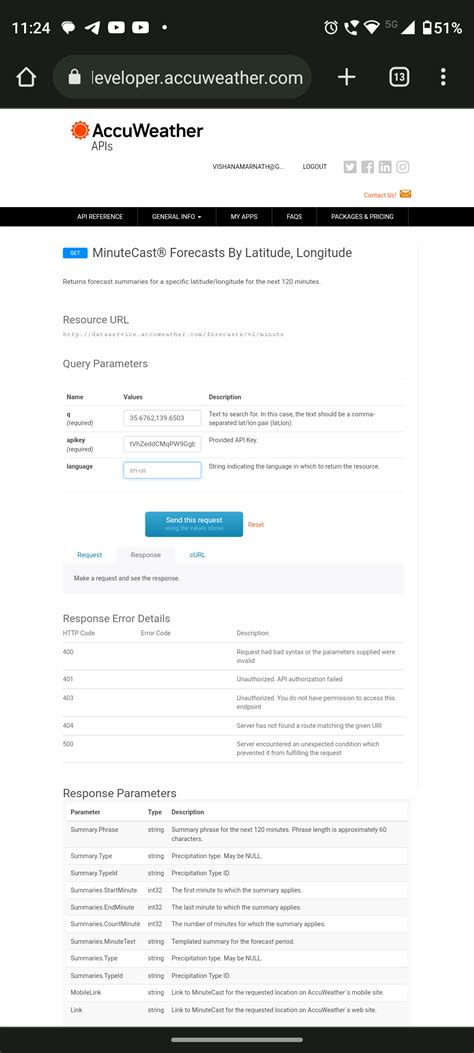 couldn t get values from accuweather with minutecast api integration