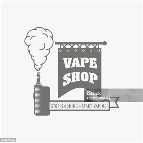 Vape가 게 배지 로고 또는 상징 디자인 개념 Vaping 상자 모드 및 증기 구름 벡터 일러스트 레이 션 흰색 배경에 고립 Vape 상점 광고를 위해 사용할 수 있는