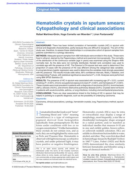 Pdf Hematoidin Crystals In Sputum Smears Cytopathology And Clinical Associations