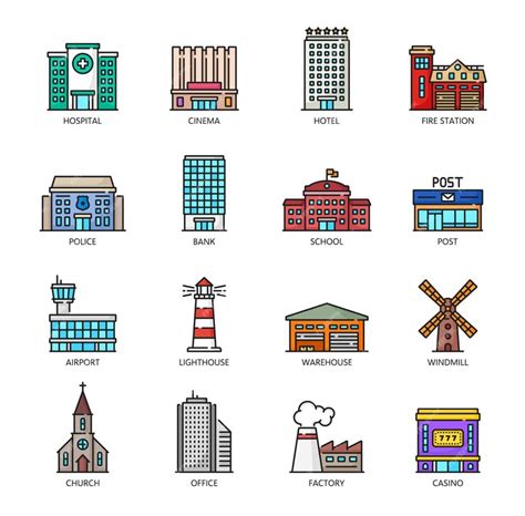 Ícones De Contorno De Cores De Edifícios De Arquitetura Da Cidade