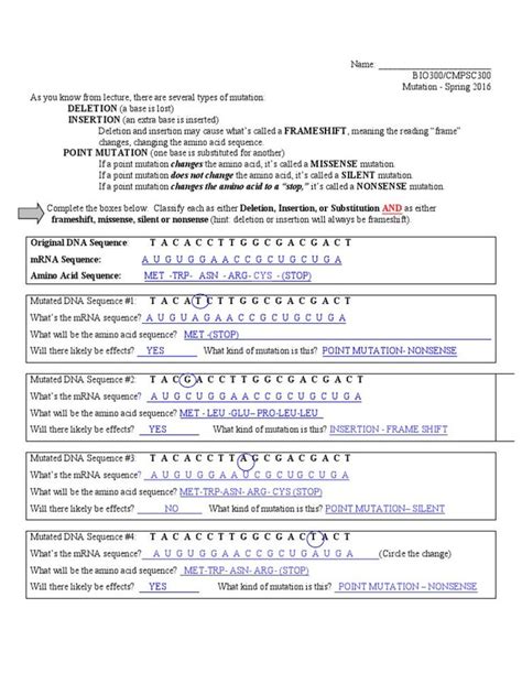 Genetic Mutation Worksheet Answer Key Dna Mutation Worksheet Key Genetic Code Practices