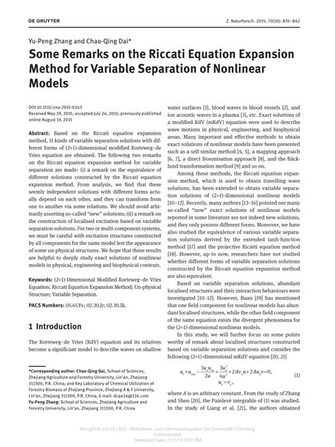 Pdf Some Remarks On The Riccati Equation Expansion Method For Variable Separation Of Nonlinear