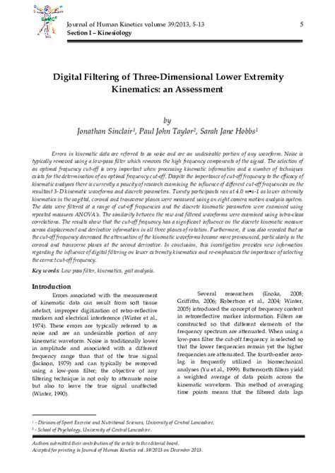 Pdf Digital Filtering Of Three Dimensional Lower Extremity Kinematics An Assessment