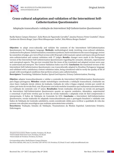 Pdf Cross Cultural Adaptation And Validation Of The Intermittent Selfcatheterization Questionnaire