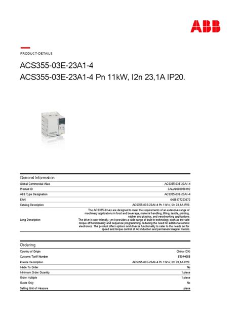 Acs355 03e 23a1 4 Drive Details Pdf Electric Motor Electrical Engineering