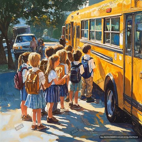 Ai创作图放学上学时光 旧时上学场景 放学的路上 上学班车 马路散步赏学插画 安全乘坐校车 校车乘车安全 小学生校车 排队放学 排队上学 校车