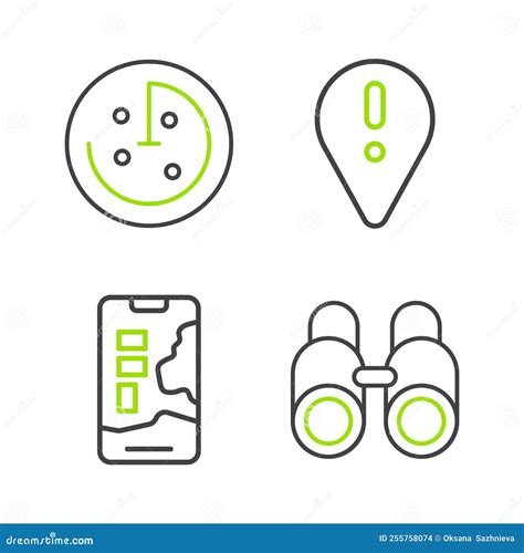Set Line Binoculars City Map Navigation Location With Exclamation Mark And Radar Targets