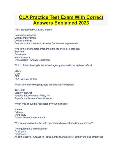 Cla Practice Test Exam With Correct Answers Explained 2023 Cla