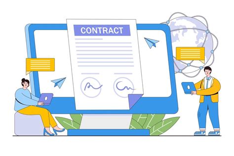 Flat Business People Signing Online Contract With Electronic Sign Concept Outline Design Style