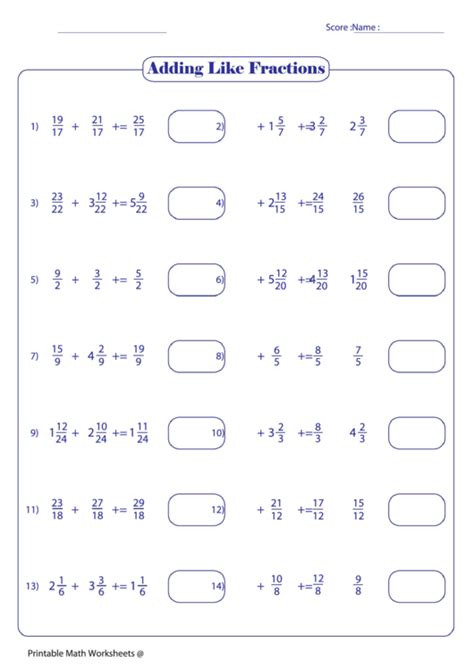 Adding Like Fractions Printable Pdf Download