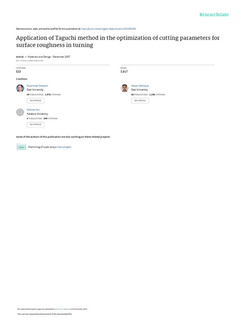 Application Of Taguchi Method In The Optimization Of Cutting Parameters
