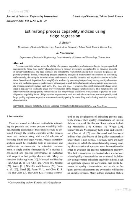 Pdf Estimating Process Capability Indices Using Ridge Regression