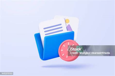 관리 멀티미디어 파일용 3d 폴더 및 종이 프로젝트 계획 문서 이미지 및 비디오 문서 폴더 정시 경고 알림 아이콘입니다 3d 시계 알림 아이콘 벡터 그림 렌더링 그림 3차원