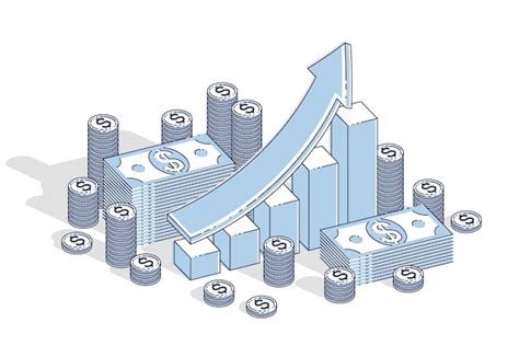 성공 및 소득 성장 개념 흰색 배경에 격리된 현금 스택이 있는 성장 차트 통계 막대 벡터 3d 아이소메트릭 비즈니스 및 금융