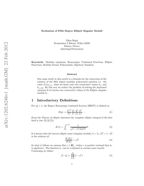 Pdf Evaluation Of Fifth Degree Elliptic Singular Moduli