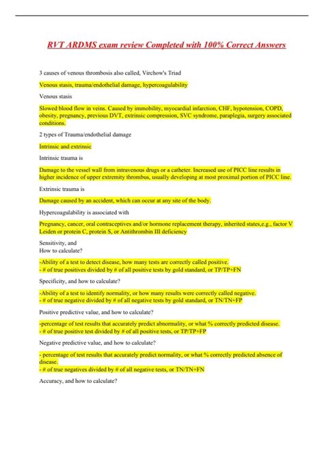 Ardms Rvt Prepping Exam 1 Completed Rvt Ardms Exam Review And Vascular Ardms Boards Davies