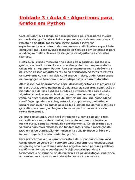 Unidade 3 Aula 4 Algoritmos Para Grafos Em Python Word Pdf Teoria Dos Gráficos