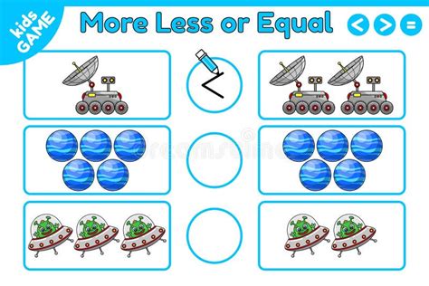 math game more less or equal with space objects stock vector