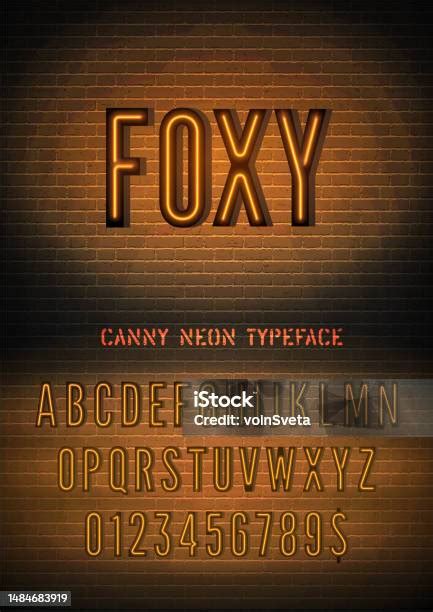 벽돌 벽 배경에 숫자가 있는 좁은 주황색 네온 글꼴 벡터 폭시 야간 조명 상자 기호 3차원 형태에 대한 스톡 벡터 아트 및 기타 이미지 3차원 형태 Led 조명 고급