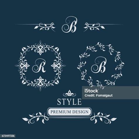 장식 꽃 빈티지 모노 그램 붓글씨 템플릿 집합입니다 편지 상징 기호 R B 디자인 페이지입니다 그래픽 고급 프레임 테두리입니다