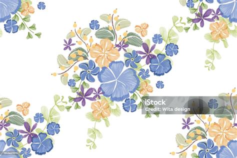 꽃 패턴 완벽 한 자수 Ikat 벡터 일러스트 레이 션 화려한 블루 오렌지 꽃 녹색 잎 파스텔 모티브 바틱 오리엔탈 디자인 Weft에 대한 스톡 벡터 아트 및 기타 이미지