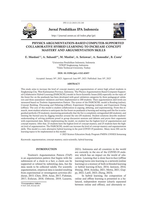 Pdf Physics Argumentation Based Computer Supported Collaborative Hybrid Learning To Increase