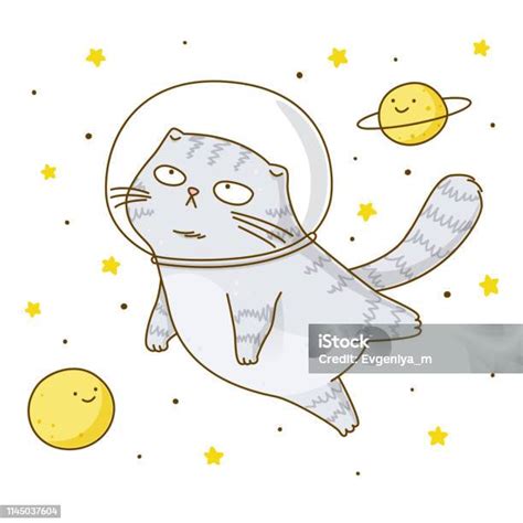 귀여운 스카치 폴드 고양이 우주 비행사에 별이 가득한 공간 배경 고양이 새끼에 대한 스톡 벡터 아트 및 기타 이미지 고양이 새끼 과학 관광객 Istock