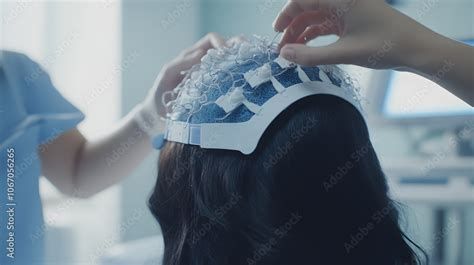 Detailed View Of Neurological Testing Equipment With An Eeg Cap Being Placed On A Patients