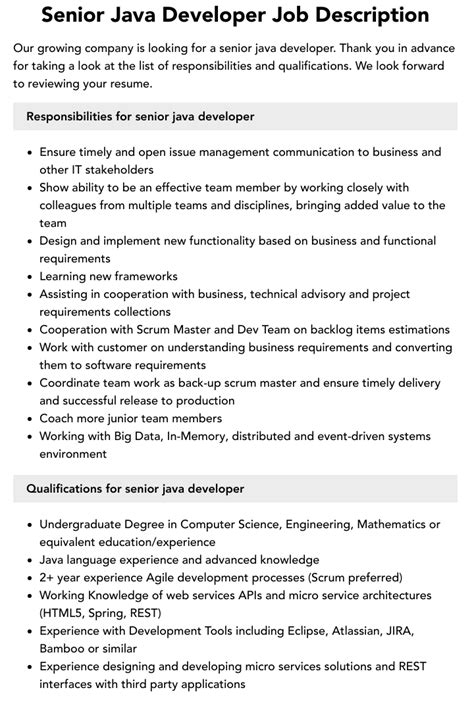 Senior Java Developer Job Description Velvet Jobs