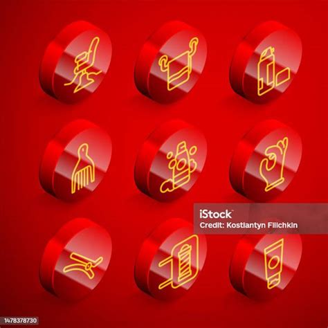 세트 라인 이발소 의자 옷걸이에 수건 면도 젤 폼 바렛 샴푸 병 의료용 고무 장갑 헤어 클립 및 폴 아이콘 벡터 3차원 형태에 대한 스톡 벡터 아트 및 기타 이미지 Istock