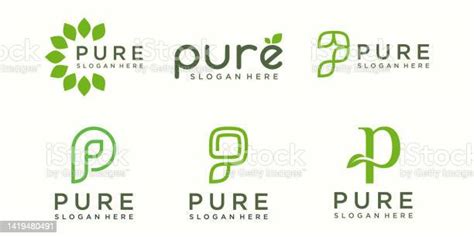 잎 로고 아이콘 세트가있는 문자 P 문자 P 결합 리프 로고 디자인 템플릿 벡터 로고에 대한 스톡 벡터 아트 및 기타 이미지