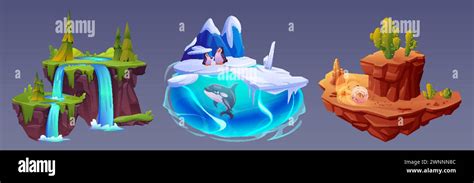 Floating Island Platform For Game Ui Design Cartoon Fantasy Flying Land Pieces With Forest And