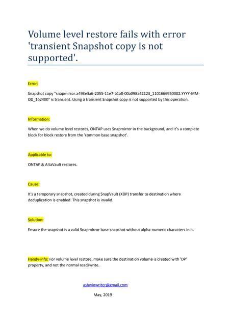 Volume Level Restore Fails With Error Transient Snapshot Copy Is Not Supported Pdf