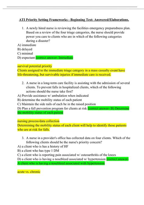 Summary Complete 100 Correct Ati Priority Setting Frameworks Beginning Test Answered