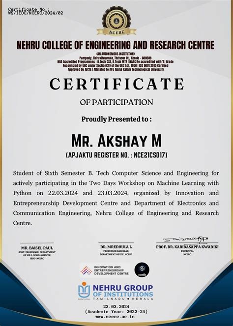 akshay m on linkedin certified for attending in 2 days workshop on machine learning with python…