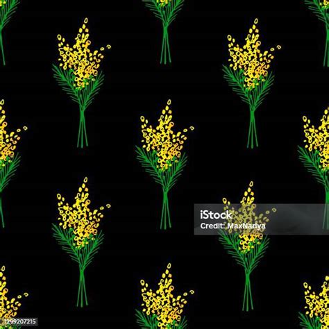 심플한 손으로 그린 플로럴 벡터 컬러 원활한 패턴 검은 색 배경에 미모사 꽃다발 봄 방학 디자인 직물 섬유 제품 포장의 인쇄용 꽃 식물에 대한 스톡 벡터 아트 및 기타