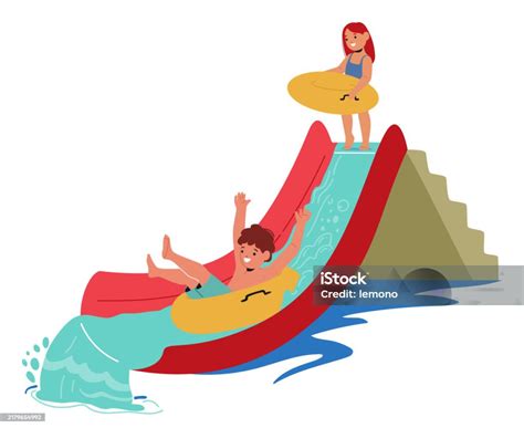 여름의 장난기 넘치는 분위기와 흥분을 묘사하는 워터 파크의 활기찬 물 미끄럼틀에서 즐거운 시간을 보내는 아이들 가족에 대한 스톡 벡터 아트 및 기타 이미지 Istock