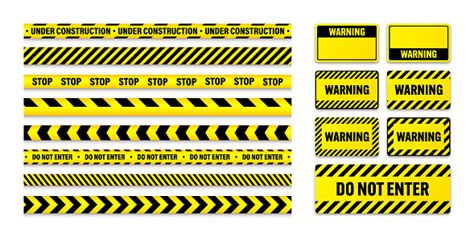 다양한 바리케이드 건설 테이프 및 경고 방패 노란색 경찰 경고 라인 밝은 색상의 위험 또는 위험 줄무늬 리본 제한 구역 구역 주의 기호입니다 벡터 그림 배너 표지판에 대한