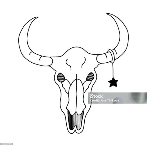 손으로 그린 윤곽선이 있는 뿔에 별 귀걸이가 있는 황소 두개골의 간단한 낙서 정면에서 볼 수 있는 소 두개골 머리 해골의 초상화 카우보이 서양 문화 카우걸 아메리카 원주민
